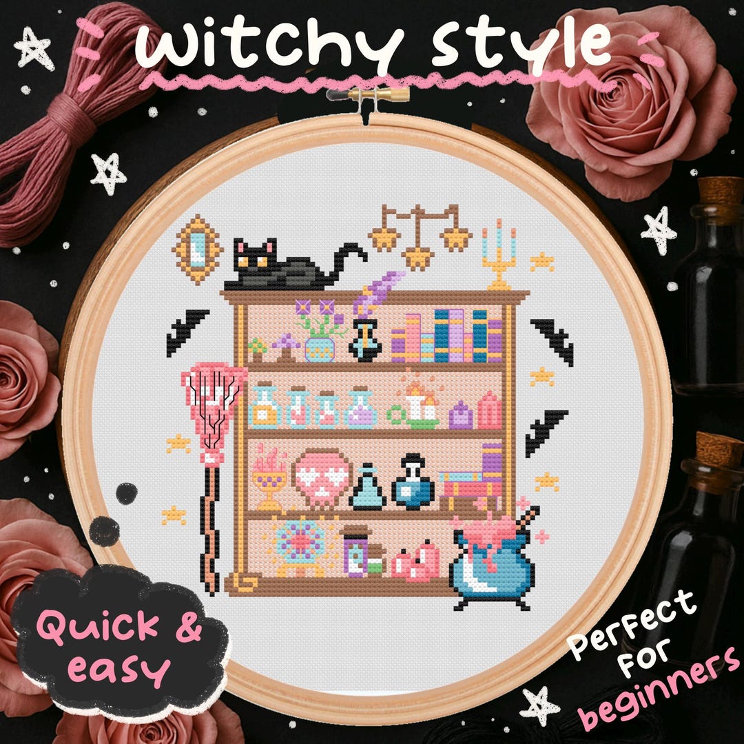 Cute Witch Cross Stitch Pattern PDF | Pink Halloween Witchy Decor ...