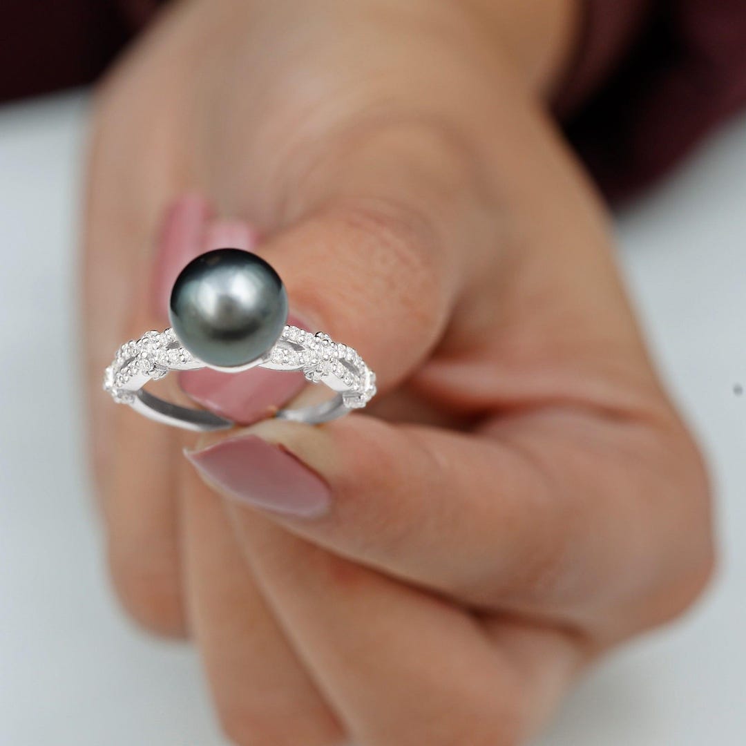Tahitian Black Pearl Criss Cross Ring, Natural Black Pearl Engagement ...