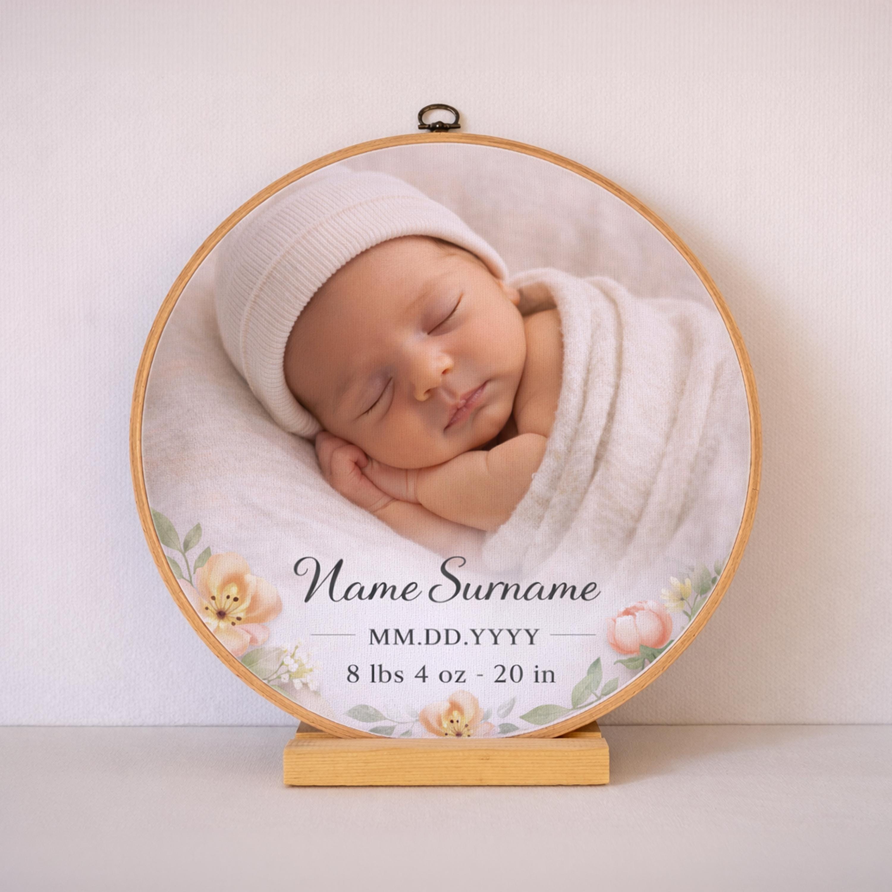 Wood Hoop Birth Announcement Sign, Newborn Baby Hospital Sign, Birth Stats Sign, Name Wood Hoop Sign, Baby Photo Prop, Floral Line