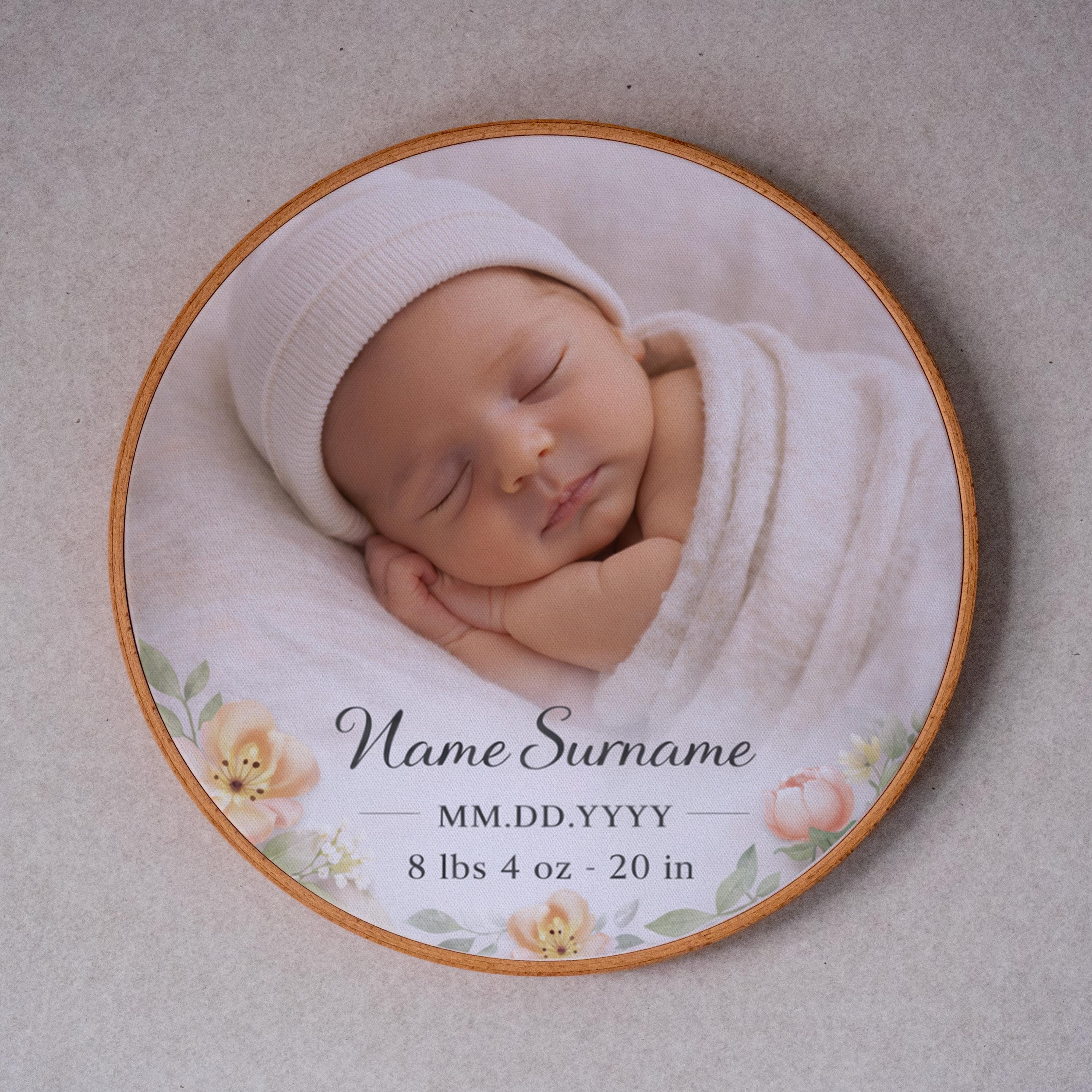 Wood Hoop Birth Announcement Sign, Newborn Baby Hospital Sign, Birth Stats Sign, Name Wood Hoop Sign, Baby Photo Prop, Wood And Stripes
