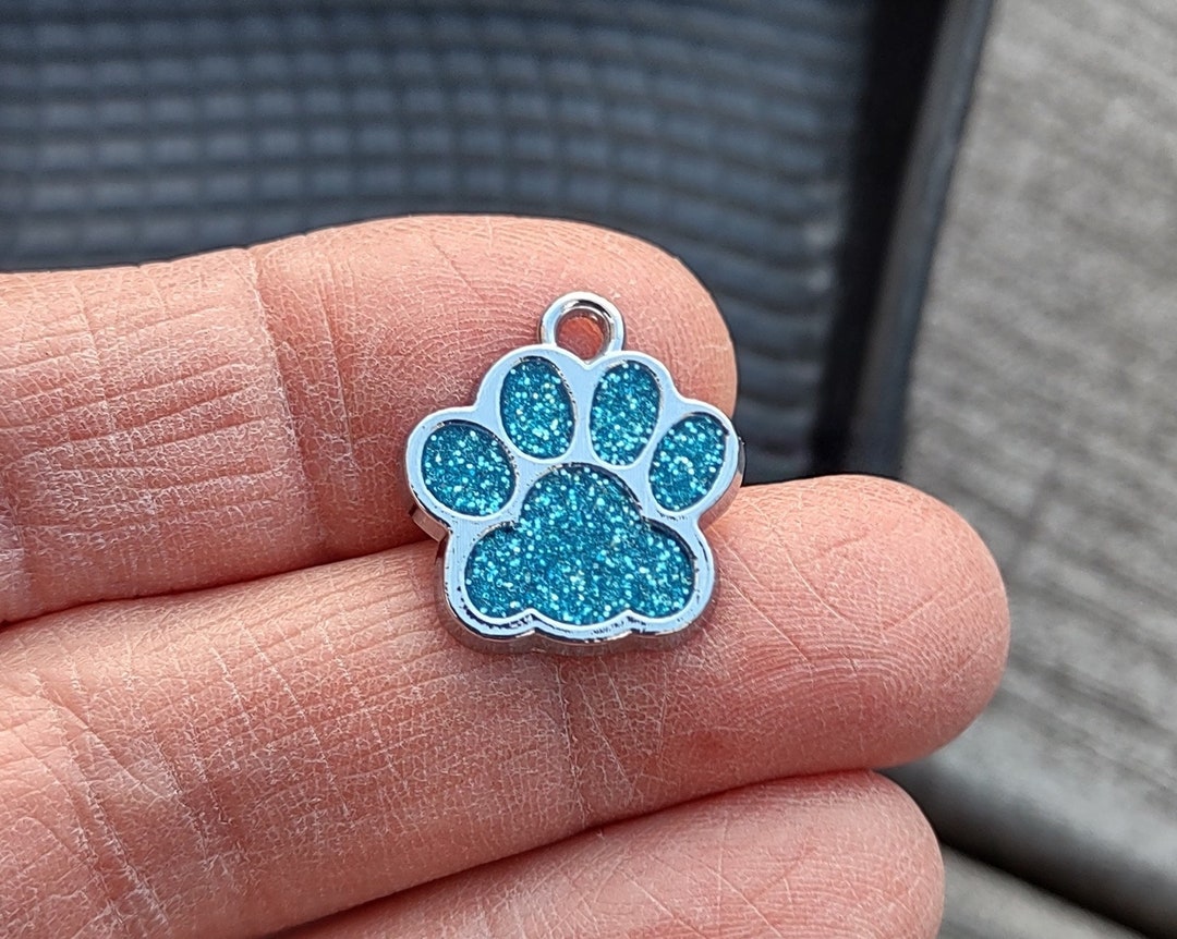 5 Medium Blue Glitter Paw Charms Pendants With Silver Tone Backing ...