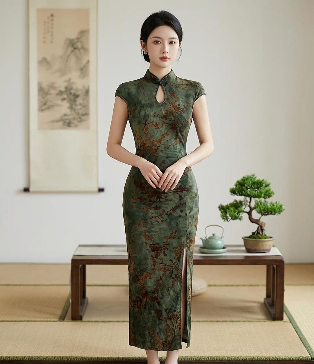 Women's Qipao Cheongsam Dress, Vintage Green Floral Slim Fit Chinese ...