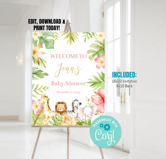 Editable Jungle Girl Baby Shower Welcome Sign Tropical baby shower ...