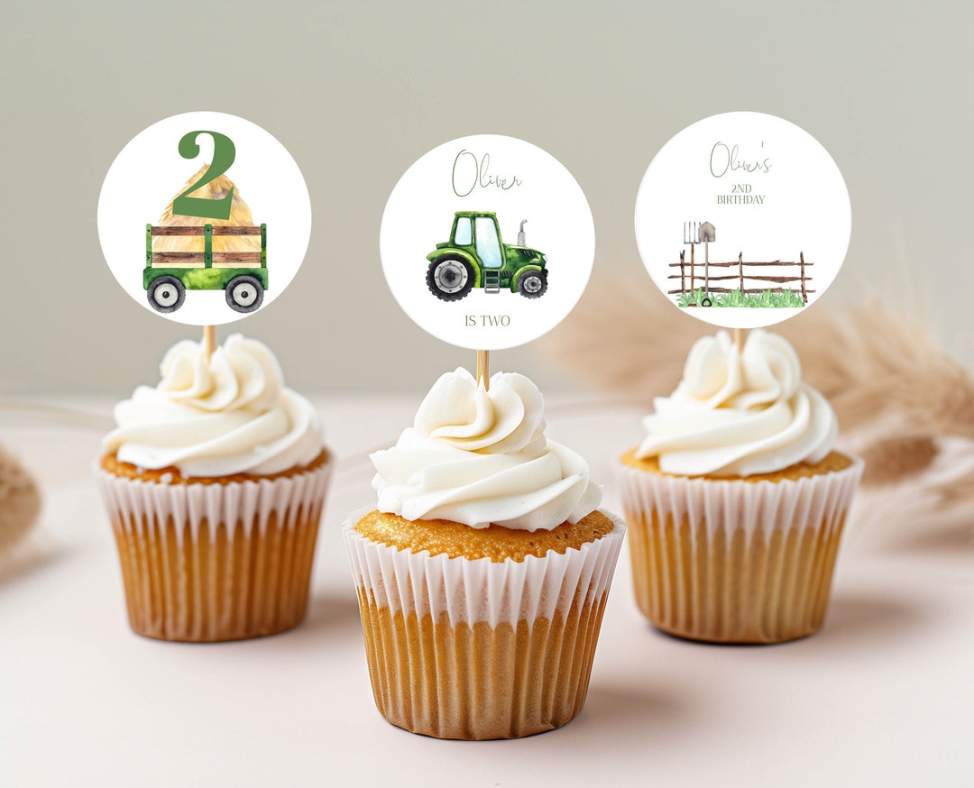 Editable Tractor Cupcake Toppers, Printable Green Tractor Toppers, Farm ...