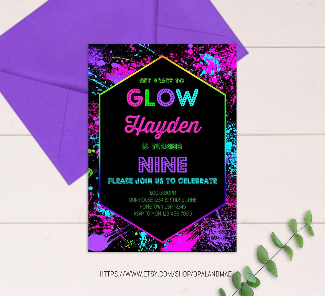 Editable Neon Glow Party Theme Invitation, Glow Invitation, Neon ...