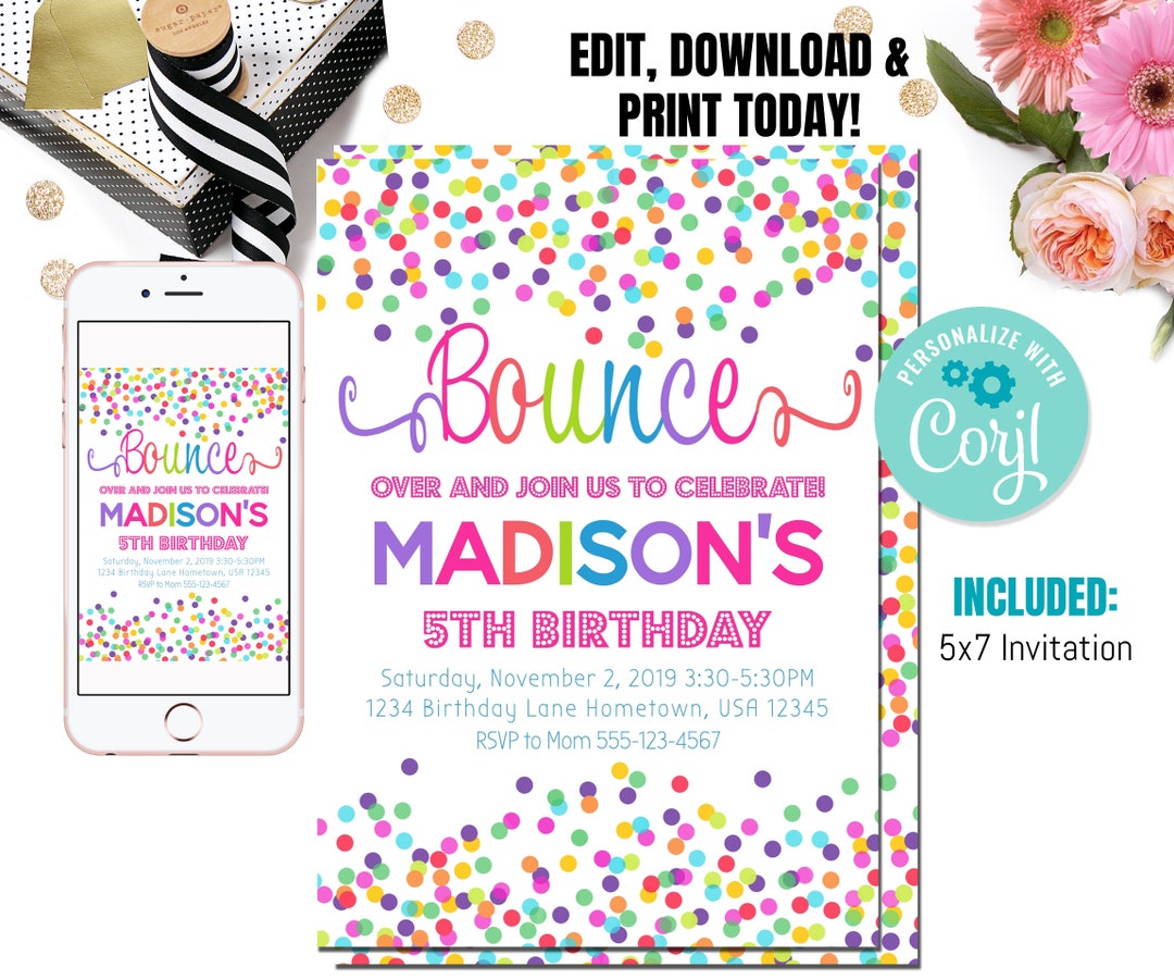Editable Bounce House Invitation | Rainbow Invite | Trampoline Birthday ...