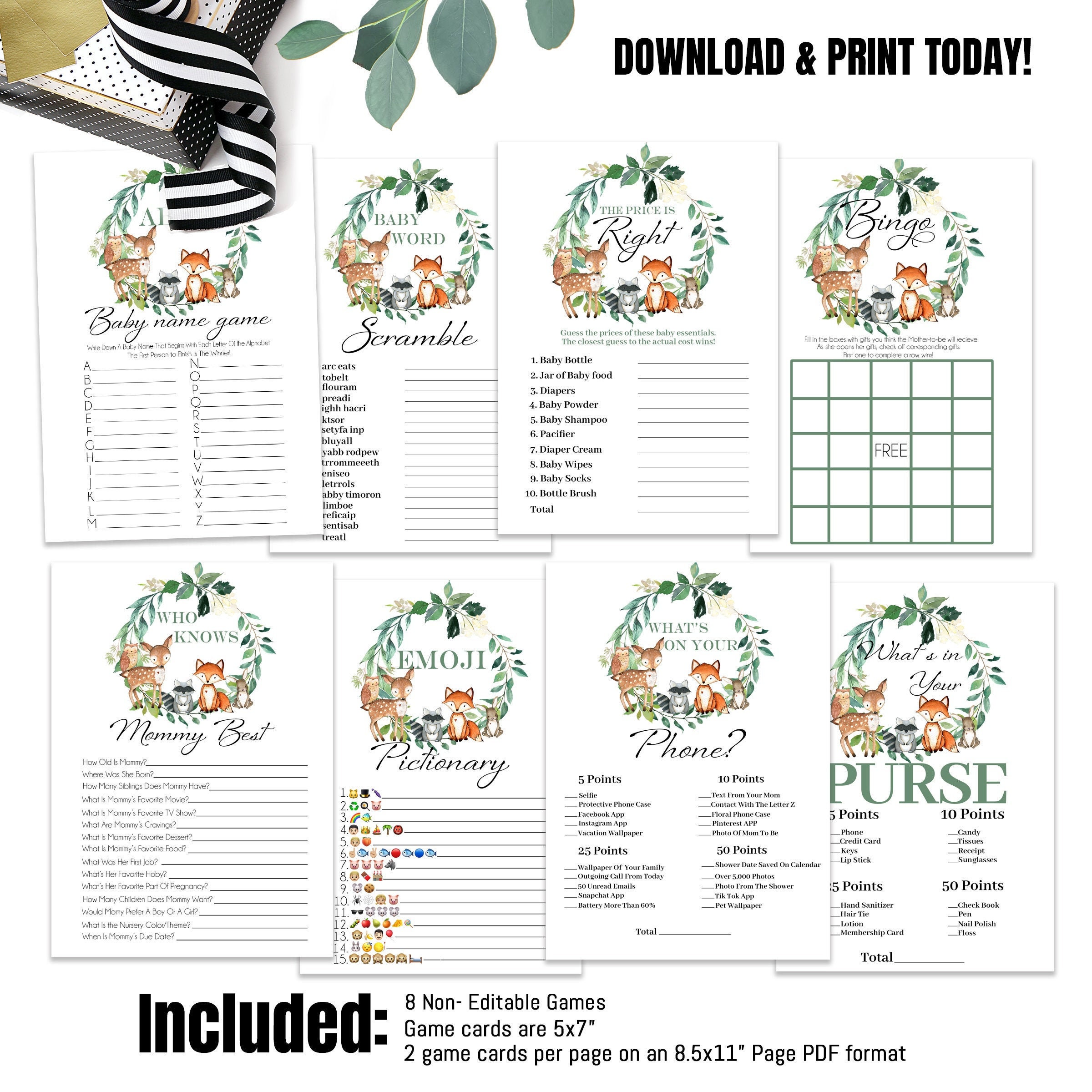 Woodland Baby Shower Games Bundle, Woodland Animal Baby Shower Games ...