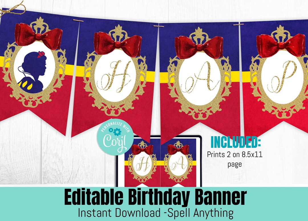 EDITABLE Snow White Banner, Happy Birthday Banner, Girl Princess Party ...