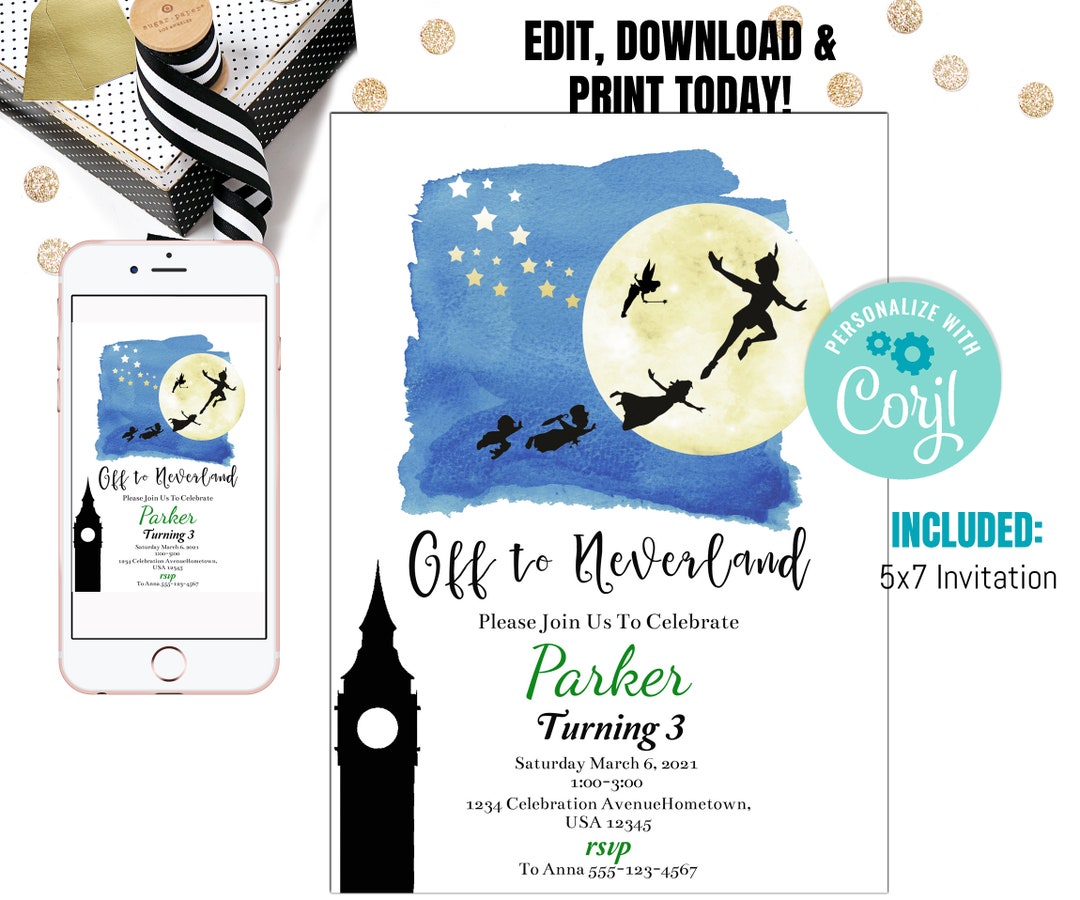 EDITABLE Peter Pan and Tinkerbell Birthday Invitation, Watercolor Peter ...