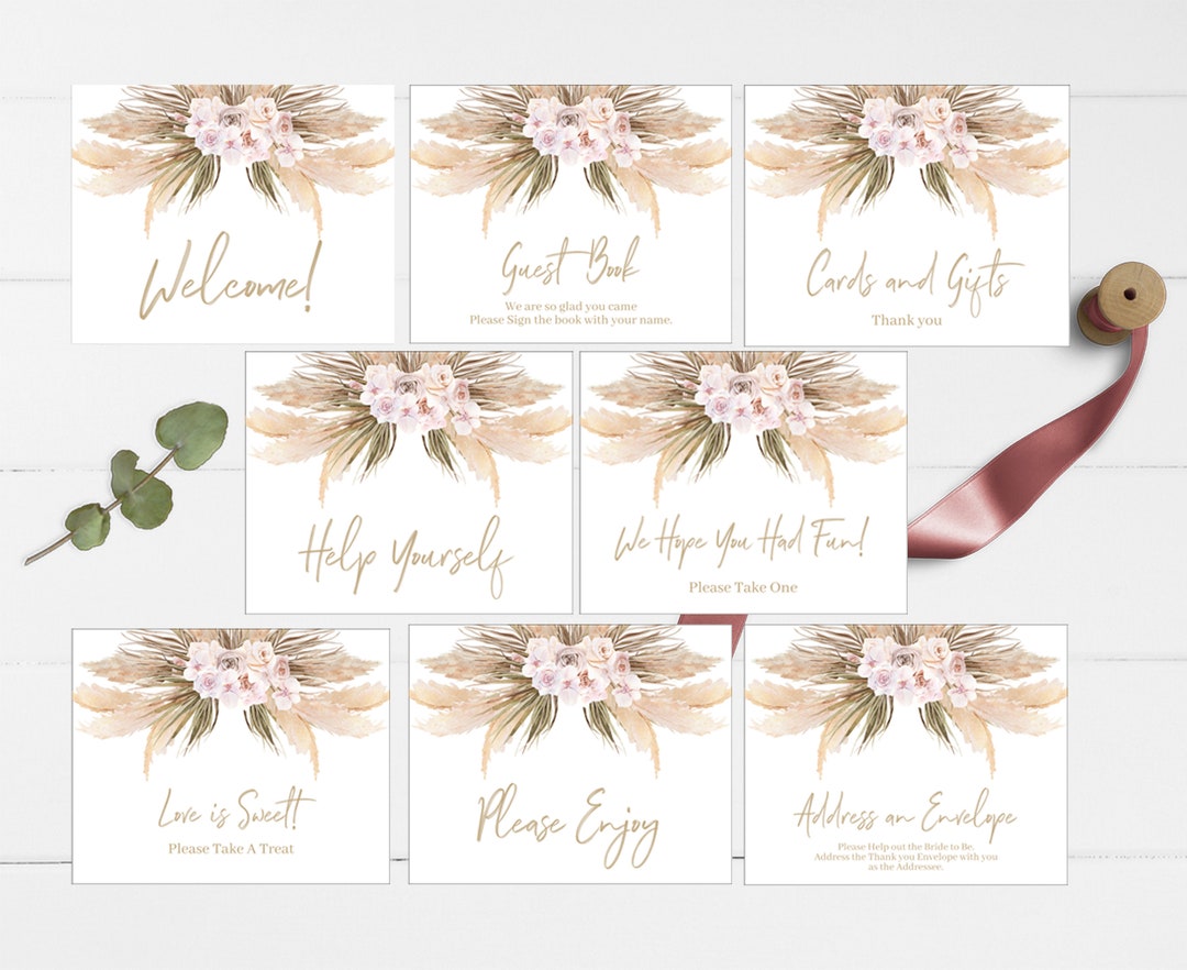Pampas Grass Bridal Shower Table Signs, Watercolor Floral Bridal Shower ...