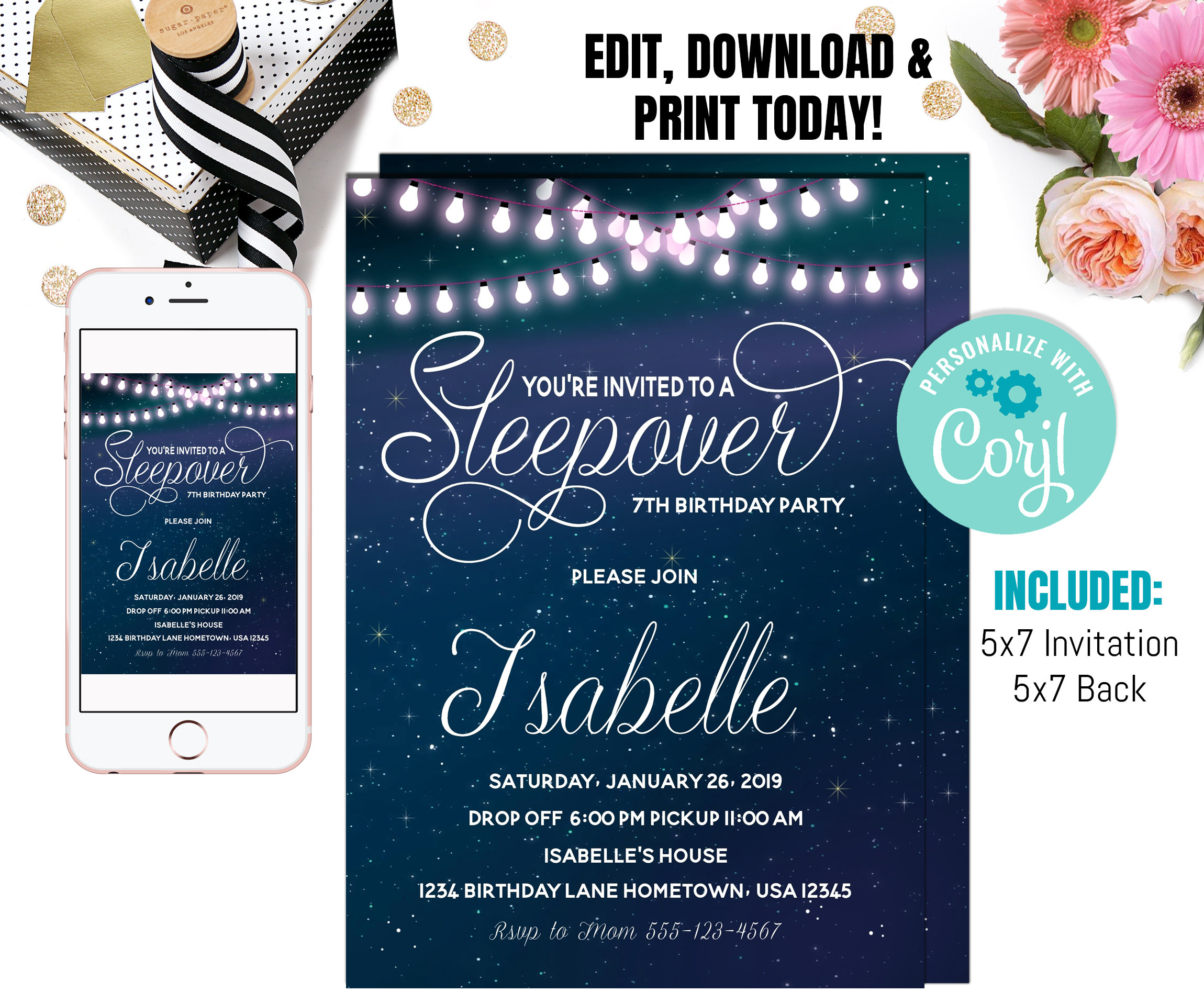 Teen Invitation Sleepover Sleepover Invitation String Lights | Etsy