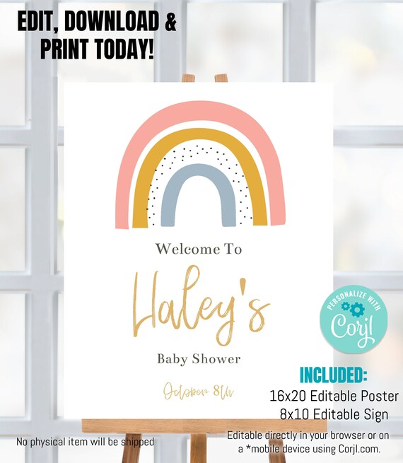 Editable Boho Rainbow Baby Shower Welcome Sign Pink Boho Rainbow Baby ...
