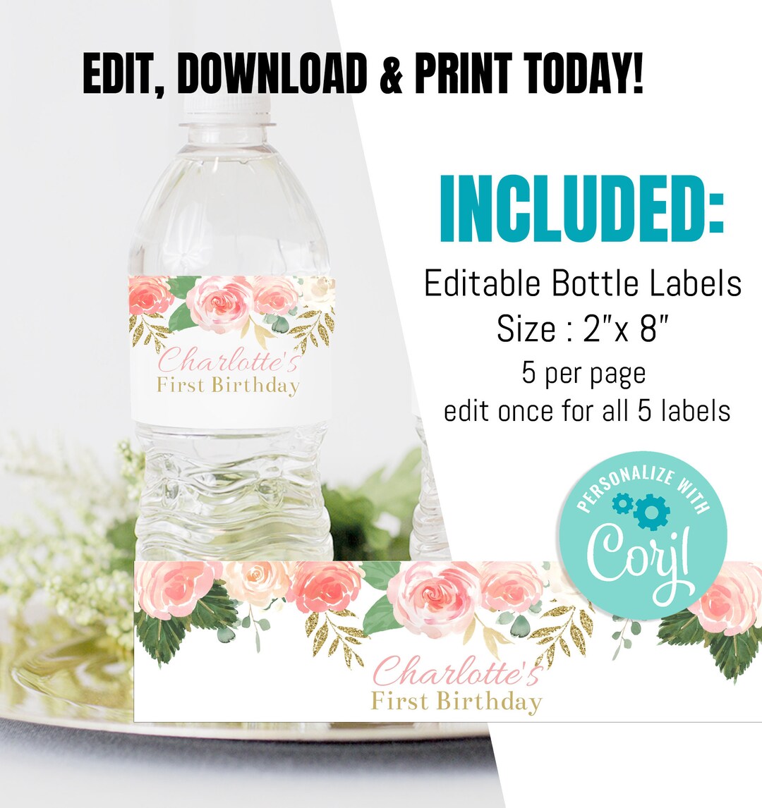 EDITABLE Blush Pink Floral Bottle Label, Water Labels Printable 1st ...