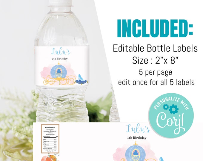 EDITABLE Cinderella Bottle Label, Water Bottle Labels, Digital, Instant ...