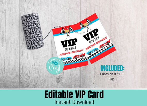 EDITABLE Personalized Race Car VIP Pass, Race Car Birthday Party, Race ...