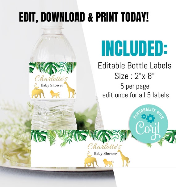 EDITABLE Jungle gold Baby Shower Bottle Label, Safari Water labels ...