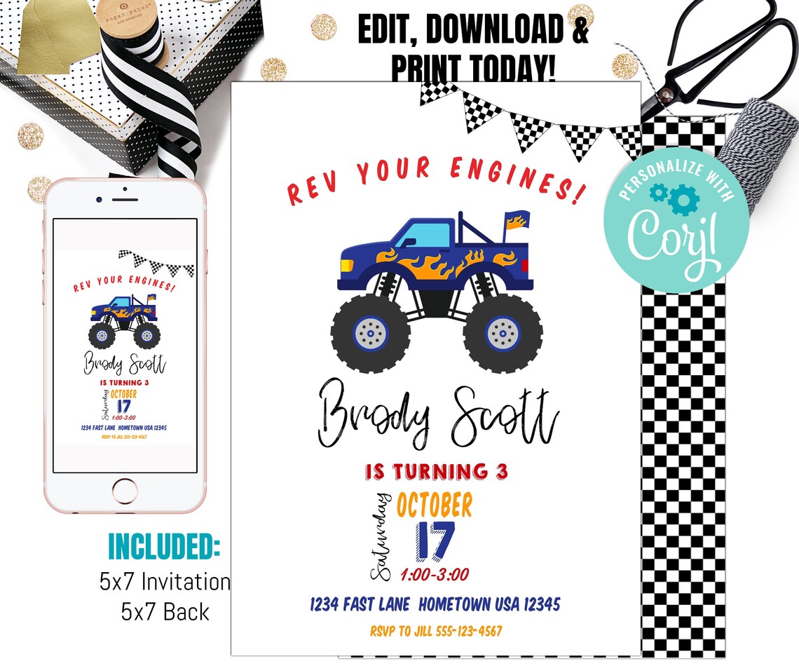 Editable Monster Truck Birthday Party Favor Tags Monster - Etsy