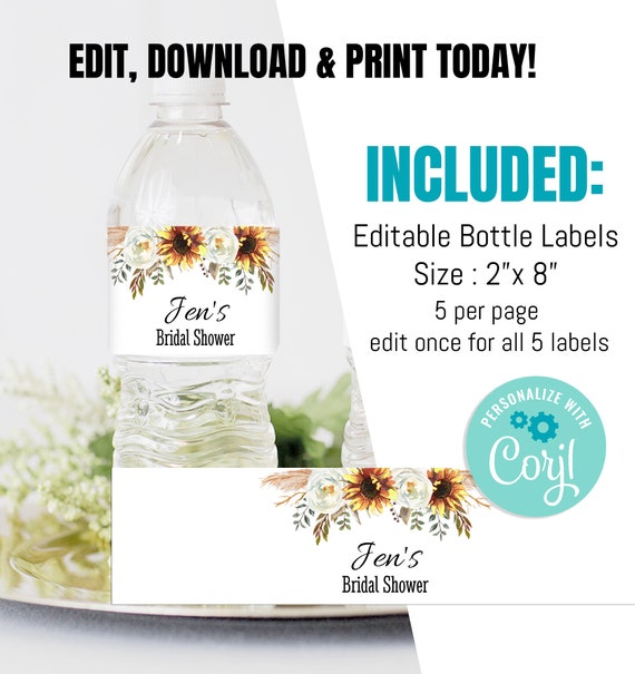 EDITABLE Sunflower Bridal Shower Bottle Label, Water bottle labels ...