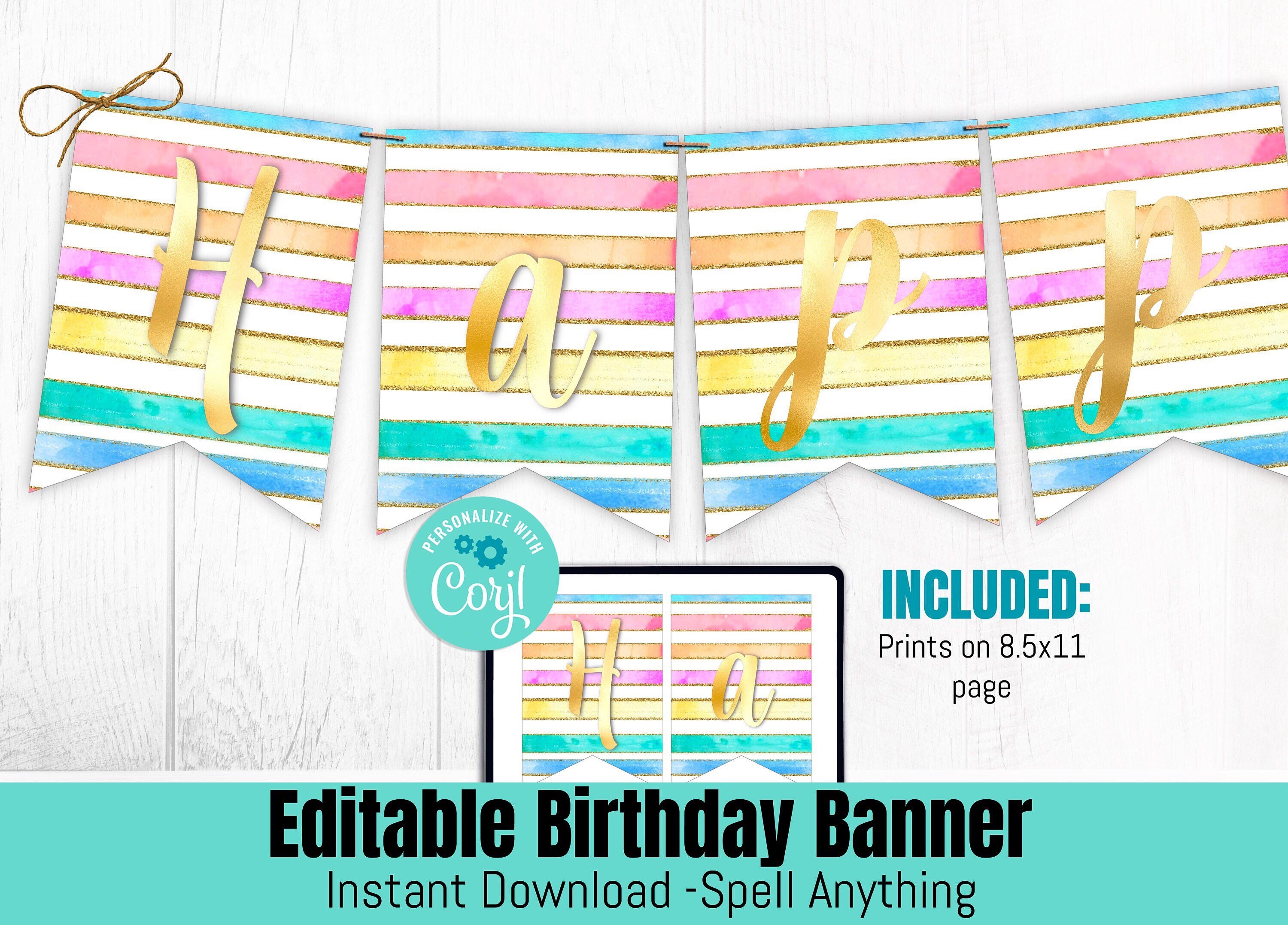 Rainbow Party Birthday Banner Watercolor Art Birthday | Etsy