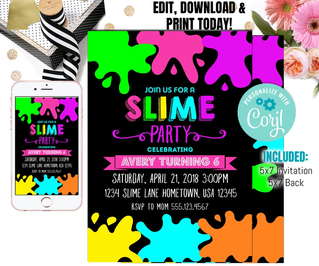 Slime Birthday Party Invitation, Slime Invitation, Slime Party, Neon ...