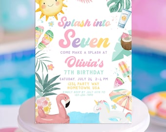 Editable Splash Into Six 6th Birthday Pool Party Invitation Tropical ...