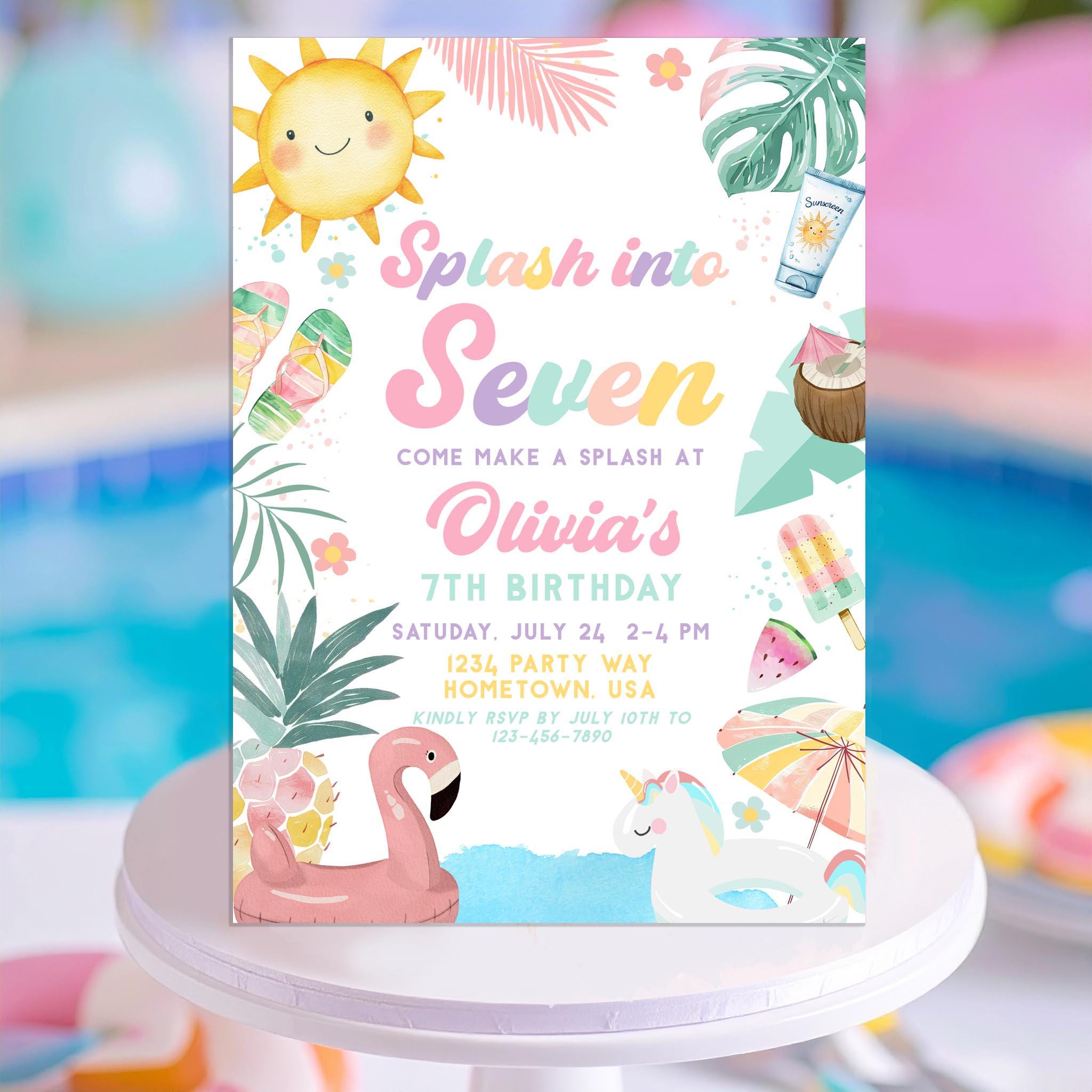 Editable Splash Into Seven 7th Birthday Pool Party Invitation Tropical ...
