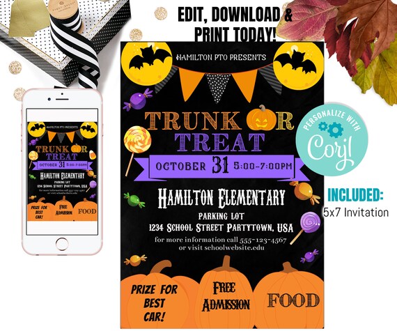 Trunk or Treat Flyer Invitation Printable, Halloween Event, Kids ...