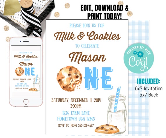 Editable Milk and Cookies Birthday Invitation Milk & Cookies Party Boy ...
