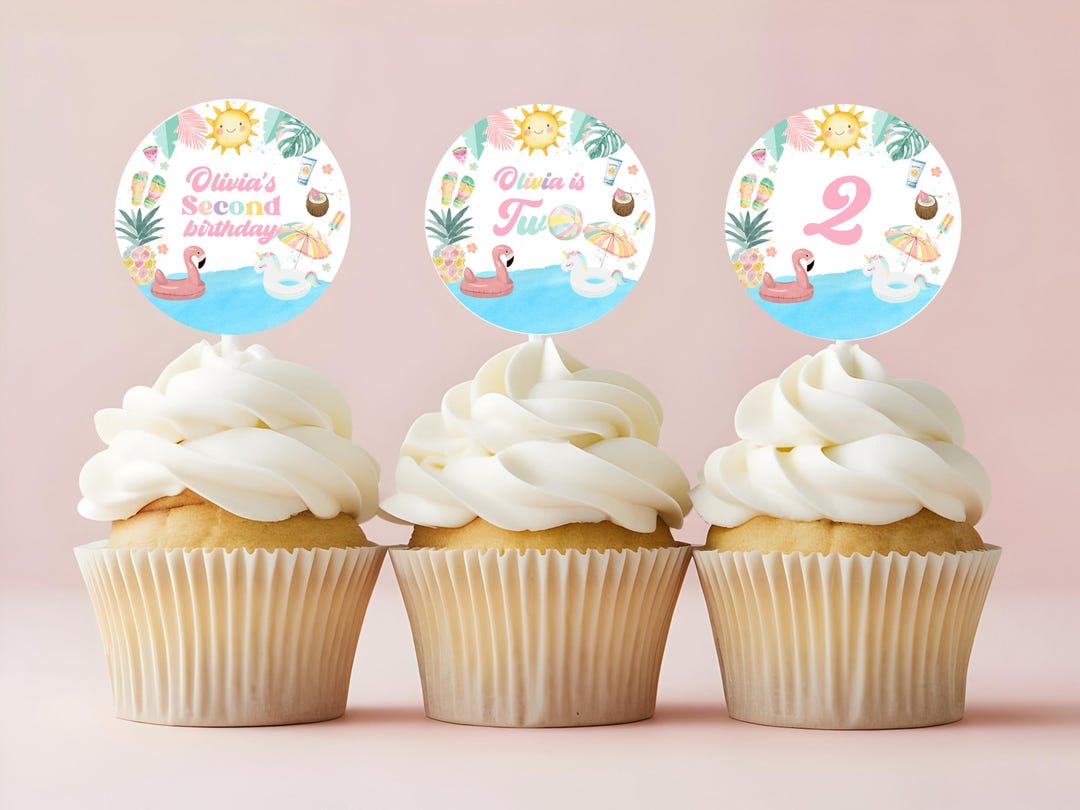 Editable Pool Party Cupcake Topper Birthday Tropical Splish Splash Girl ...