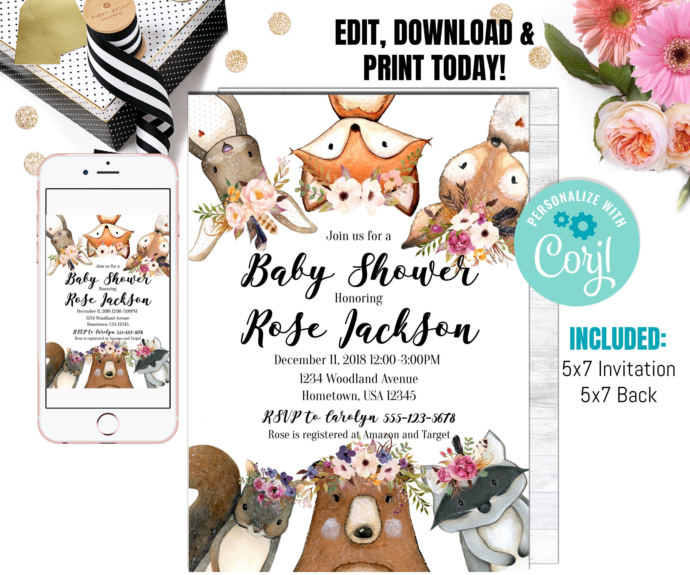 WOODLAND Baby Shower Invitation, Woodland Forest Invite, Girl Baby ...