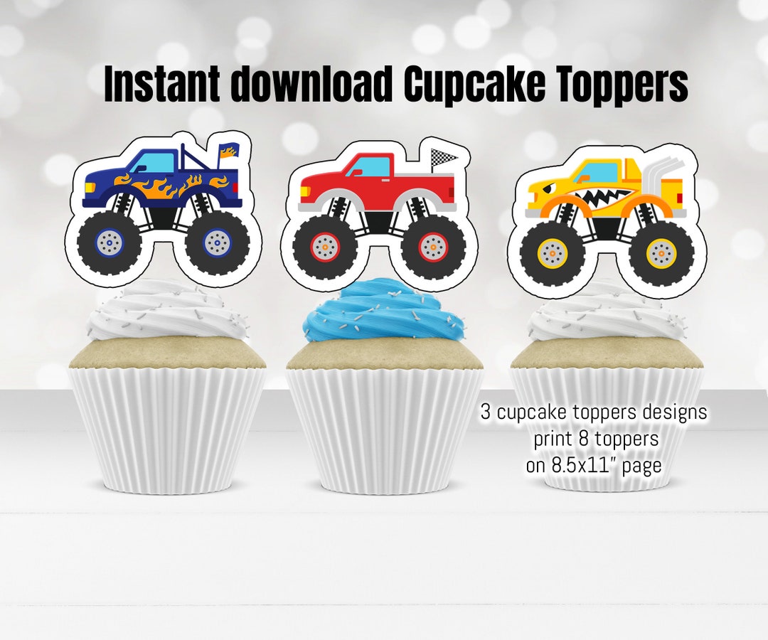 Monster Truck Cupcake Topper, 3 Design Monster Truck Party Cupcake ...