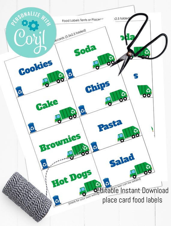 INSTANT DOWNLOAD Trash Garbage Truck Editable Printable Food Cards ...