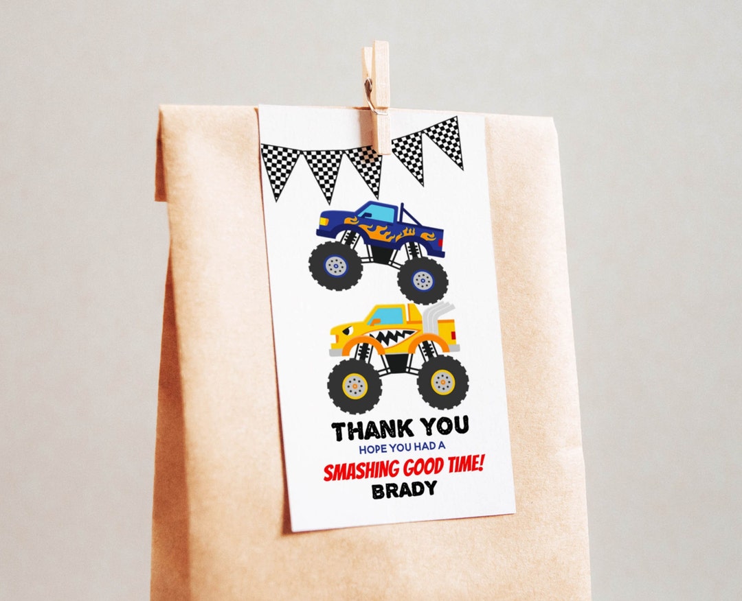 Monster Truck Favor Tags, Monster Truck Thank You Tags, Monster Truck ...