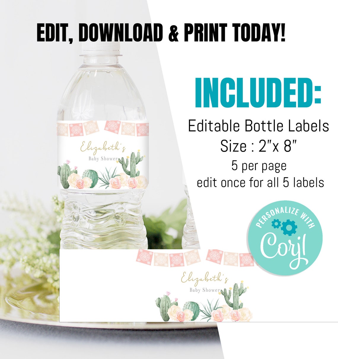 EDITABLE Fiesta Baby Shower Bottle Label Cactus Blush - Etsy