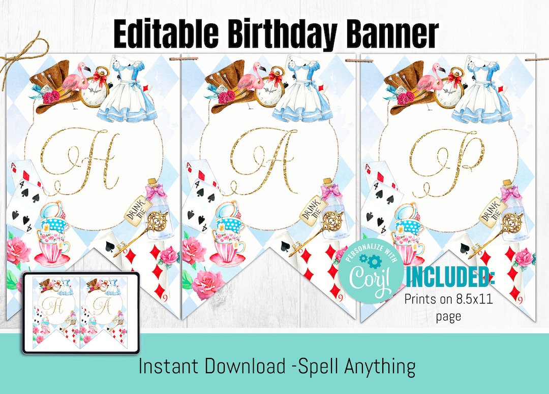 EDITABLE Alice in Wonderland Banner, Happy Birthday Banner, Girl Tea ...