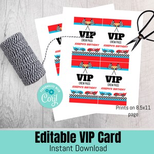 EDITABLE Personalized Race Car VIP Pass, Race Car Birthday Party, Race ...