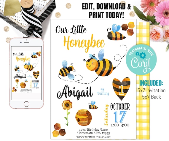 EDITABLE Bee Birthday Invitation - Sweet To Bee One - Beeday - First ...
