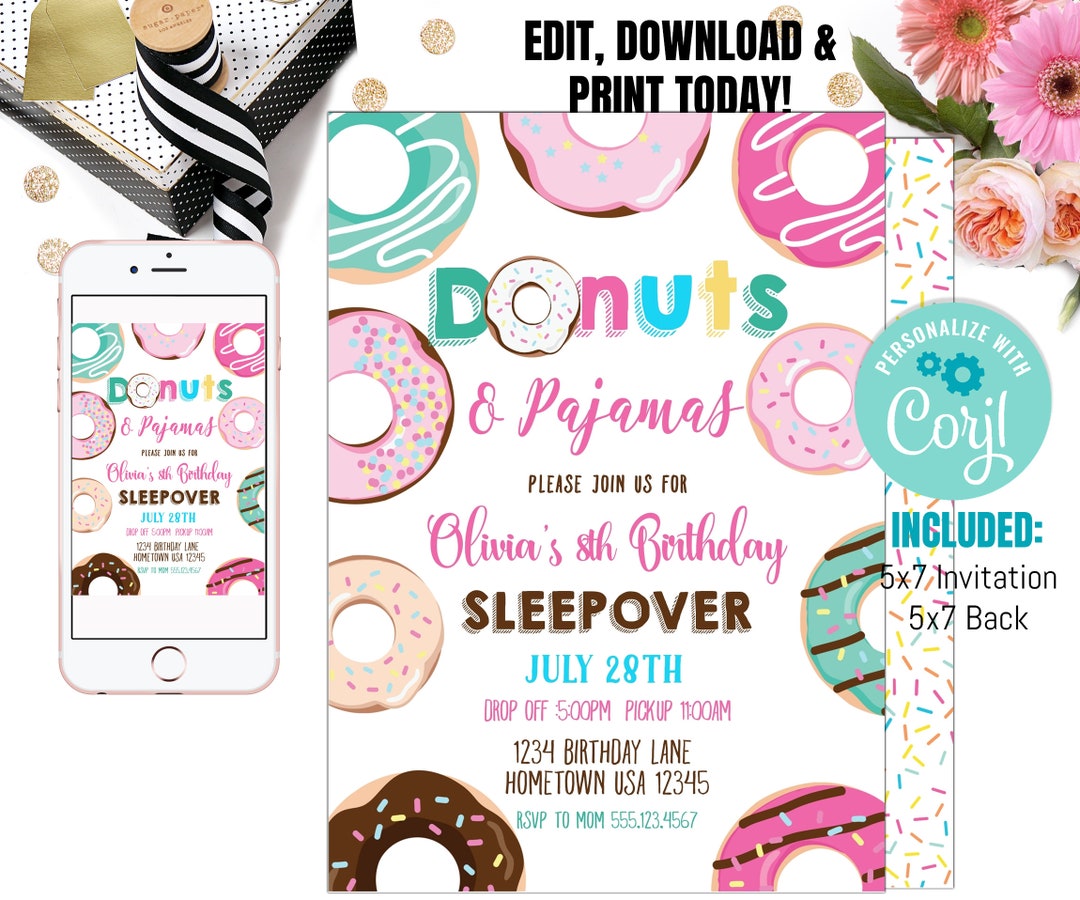 Teen Invitation Sleepover, Tween Birthday Invitation, Donut Invitation ...