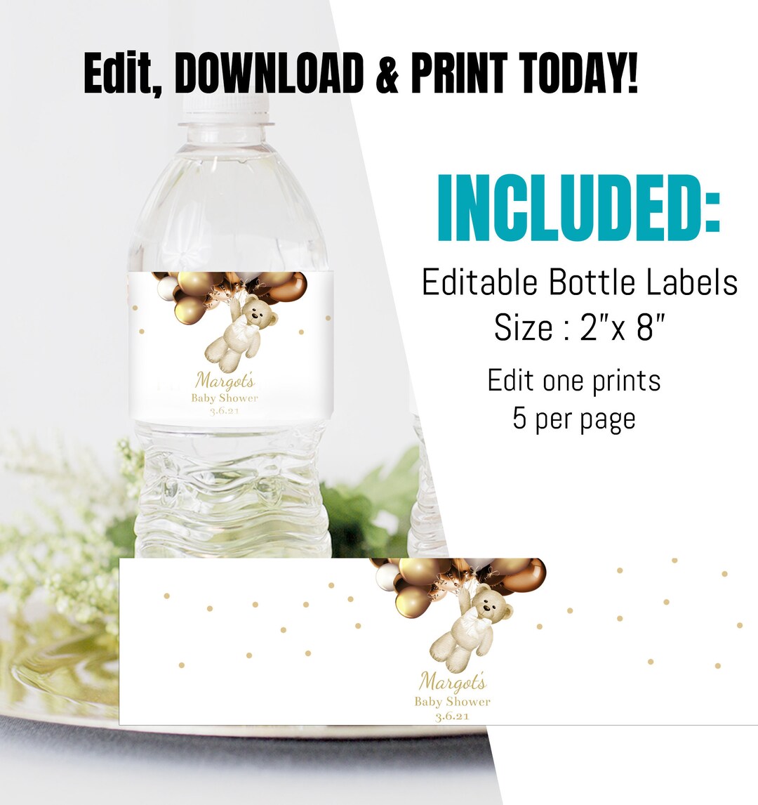 EDITABLE Teddy Bear Baby Shower Water Bottle Label, Baby Shower Bottle ...