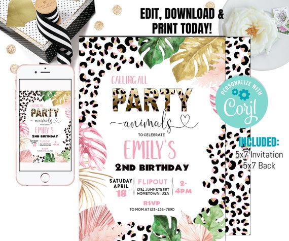 Editable Party Animal Leopard Print Jungle Birthday Party Invitation ...