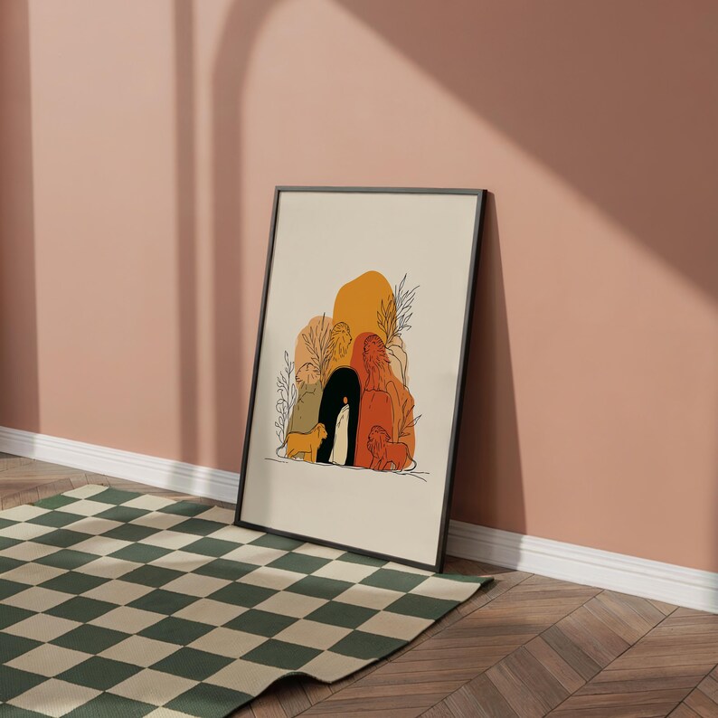 Daniel in the Lion’s Den Wall Art, Minimalist Biblical Print With Warm ...