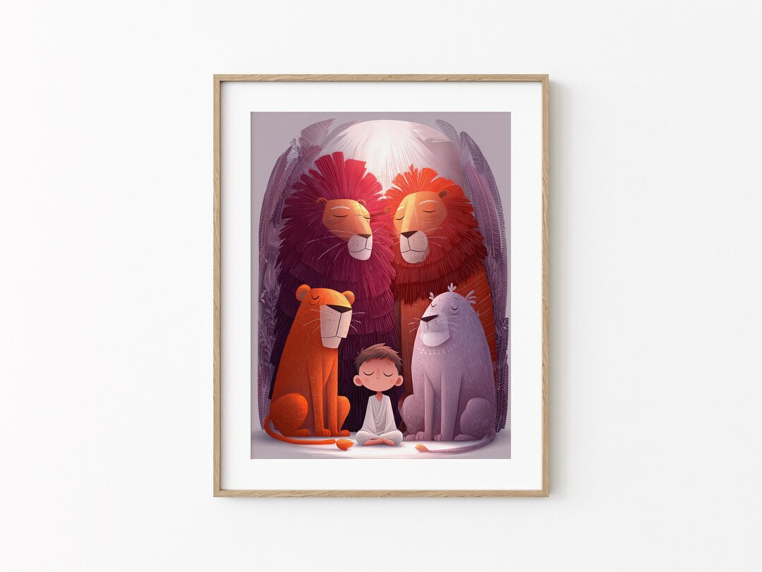 Daniel and the Lions Nursery Art, Brave Faith Wall Print for Kids Room ...