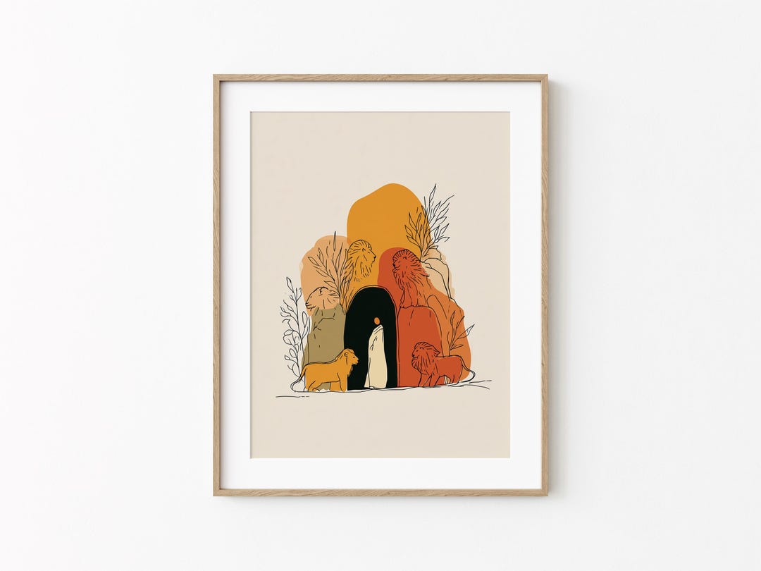 Daniel in the Lion’s Den Wall Art, Minimalist Biblical Print With Warm ...