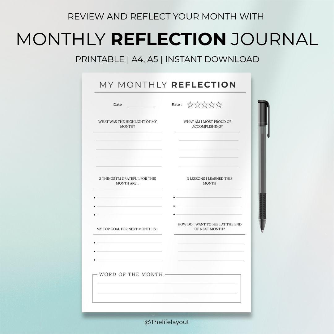 Monthly Reflection Journal , A4 A5 Printable Journal, Self Growth ...