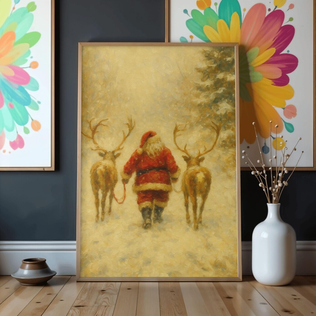 Santa and Reindeer Print, Christmas Winter Painting (digital Download ...