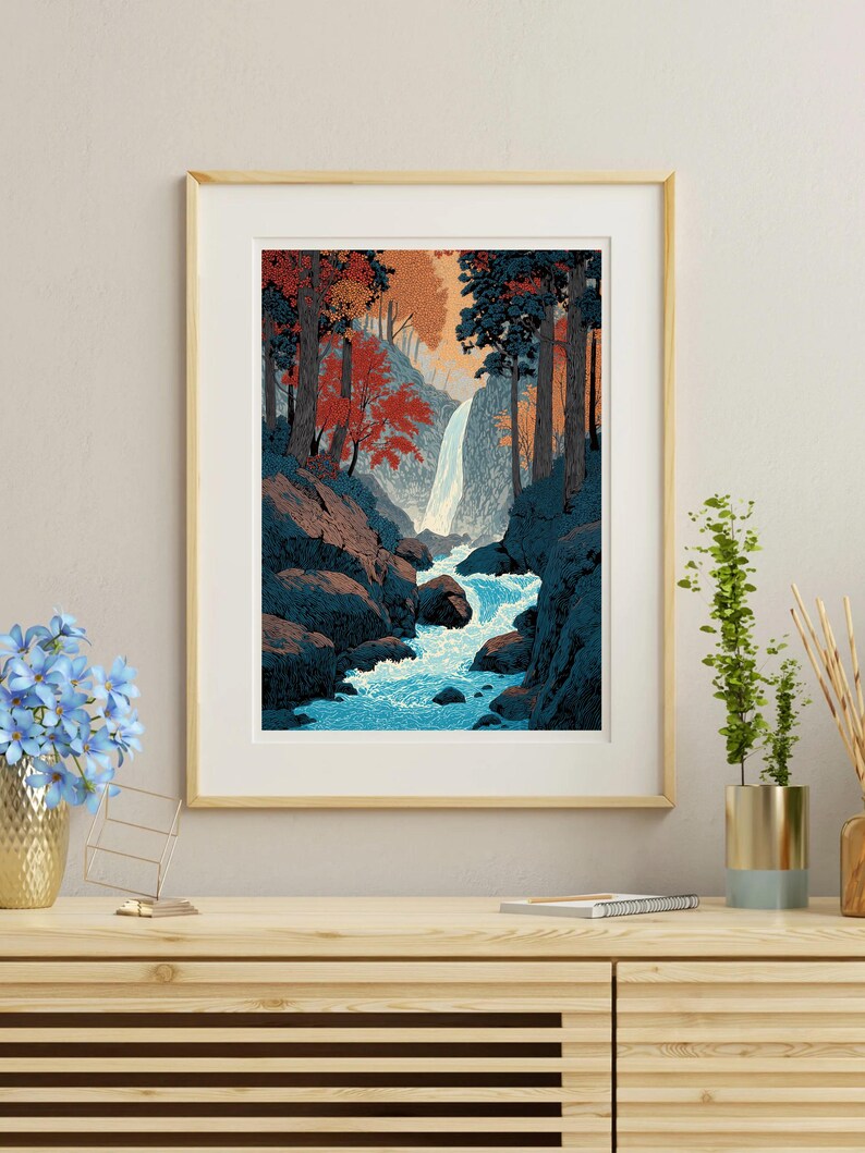 Vintage Landscape Art Print, Retro Scenic Wall Art With Waterfall and ...