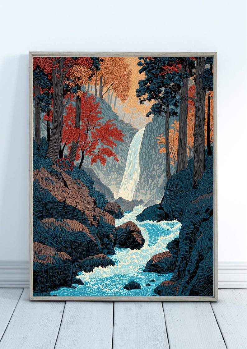 Vintage Landscape Art Print, Retro Scenic Wall Art With Waterfall and ...