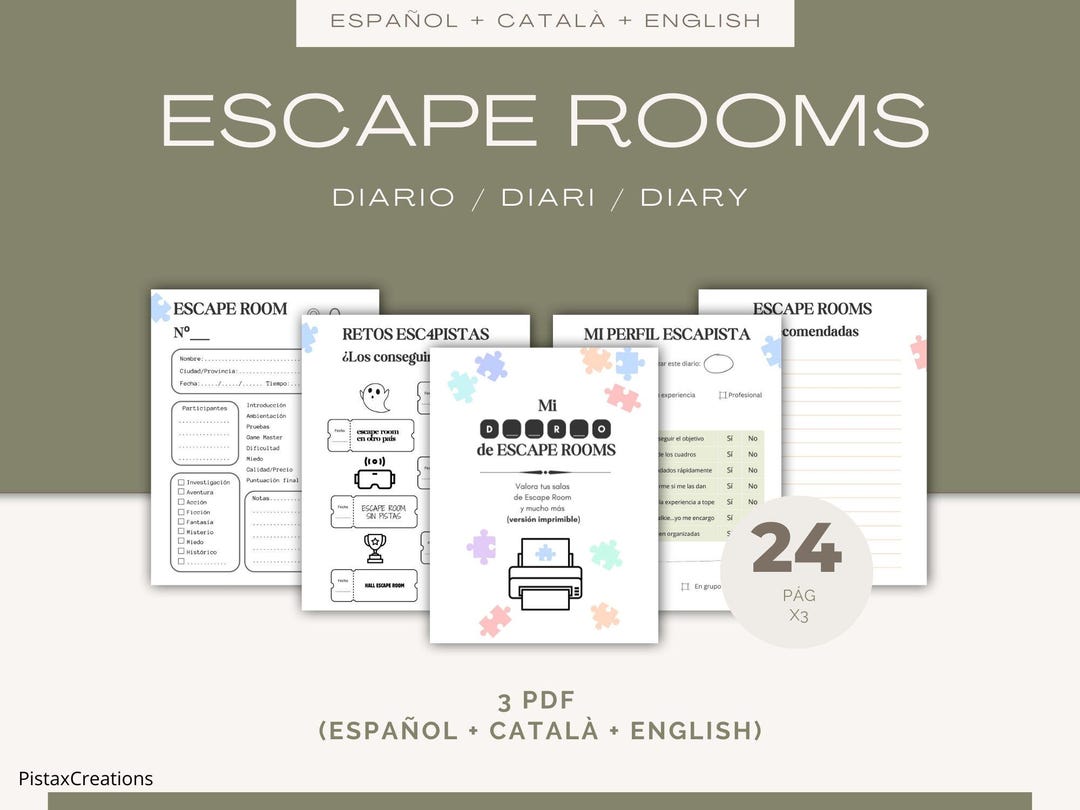 Printable ESCAPE ROOMS Diary (PDF Spanish + Catalan + English) - Etsy