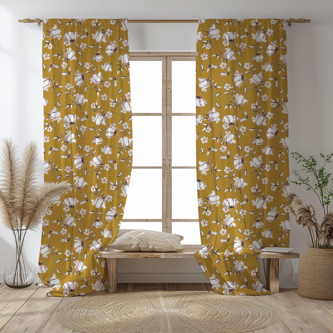 Mustard Yellow Floral Curtains: Boho Botanical Living Room Drapes - Etsy