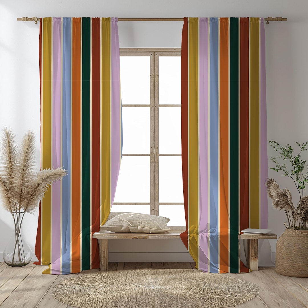 70s Style Striped Curtain Panels: Mid-century Modern Geometric Design ...